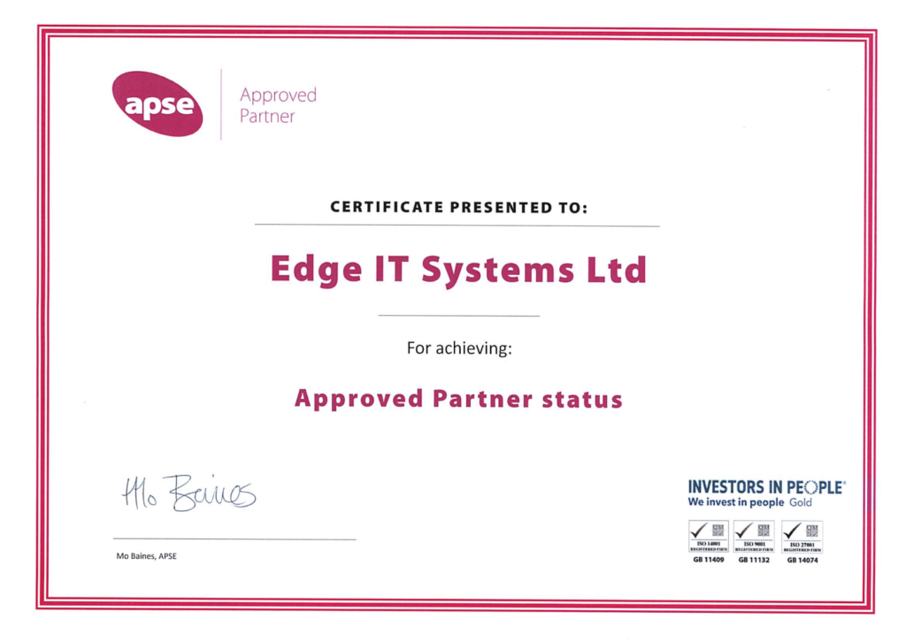 APSE Approved Partner Status - Edge IT Systems Ltd - EDGE IT Systems